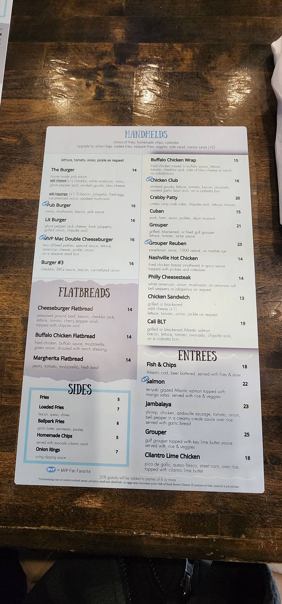 Menu at MVP - My Village Pub, Siesta Key, Ocean Blvd