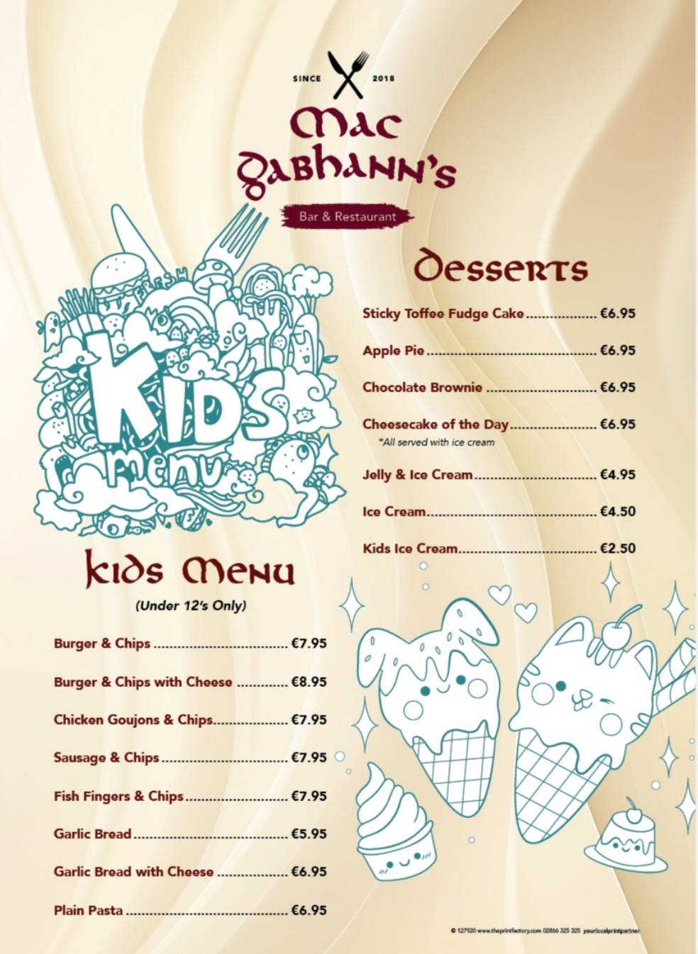 Menu at MacGabhann’s Cavan pub & bar, Cavan