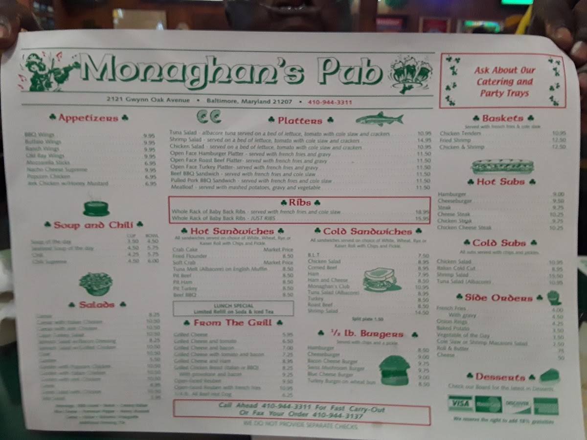 Menu at Monaghan's Pub, Baltimore