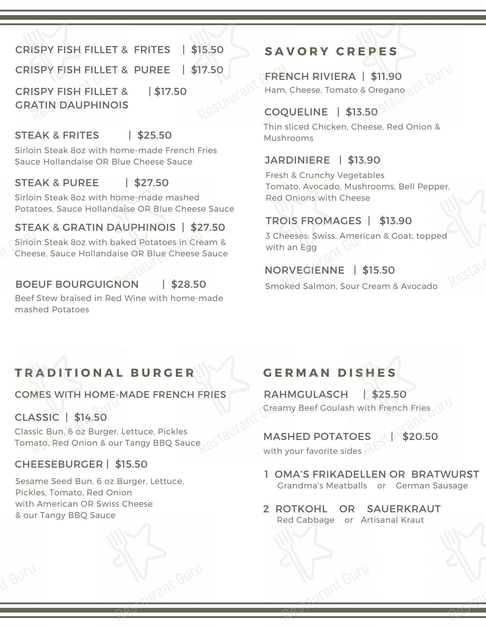Menu at Mona’s French Café restaurant, Cypress