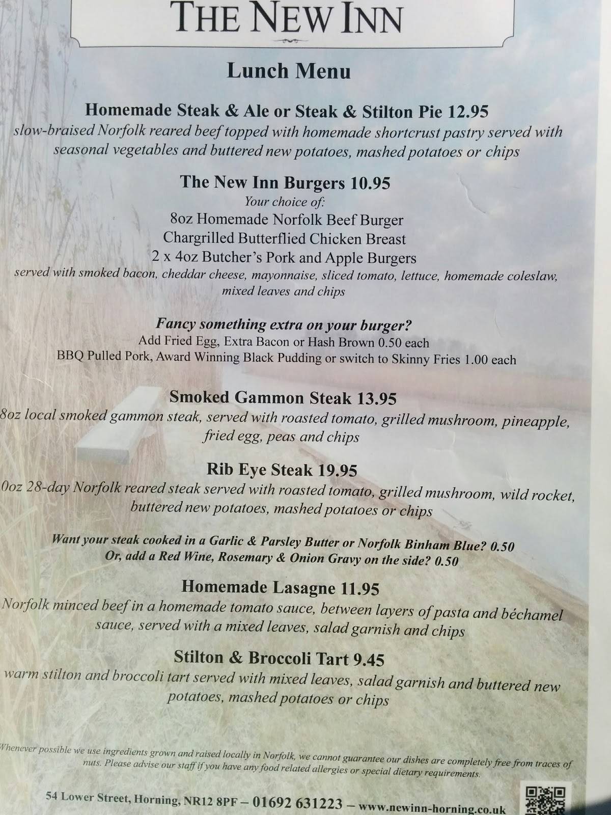 Menu at New Inn, Horning pub & bar, Horning