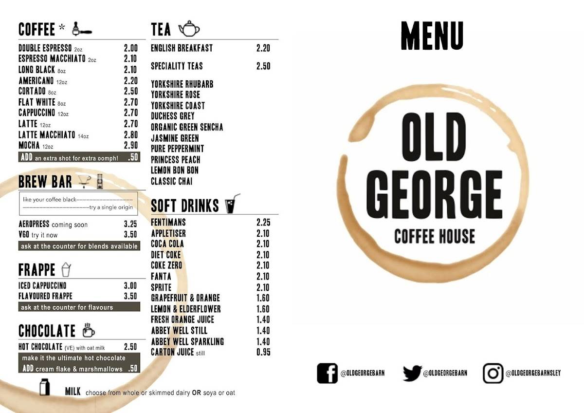 Menu at Old George Coffee House, Barnsley, 14 Market Hill