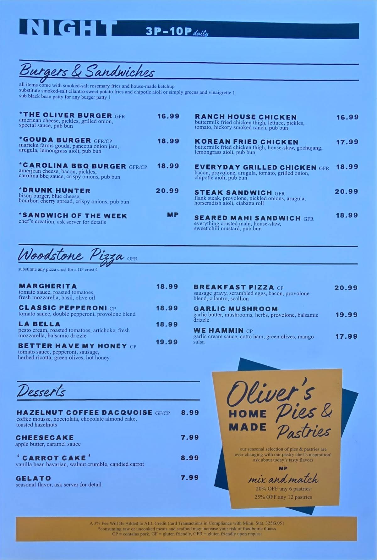Menu at Oliver's pub & bar, Shoreview