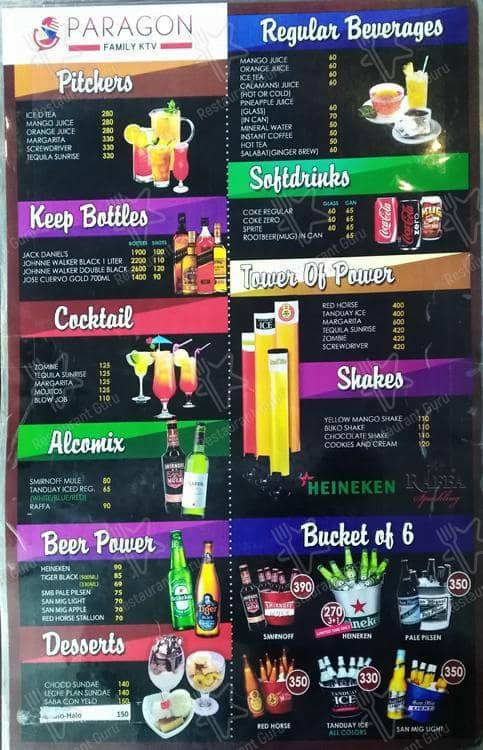 Menu at Paragon Family KTV pub & bar, Quezon City