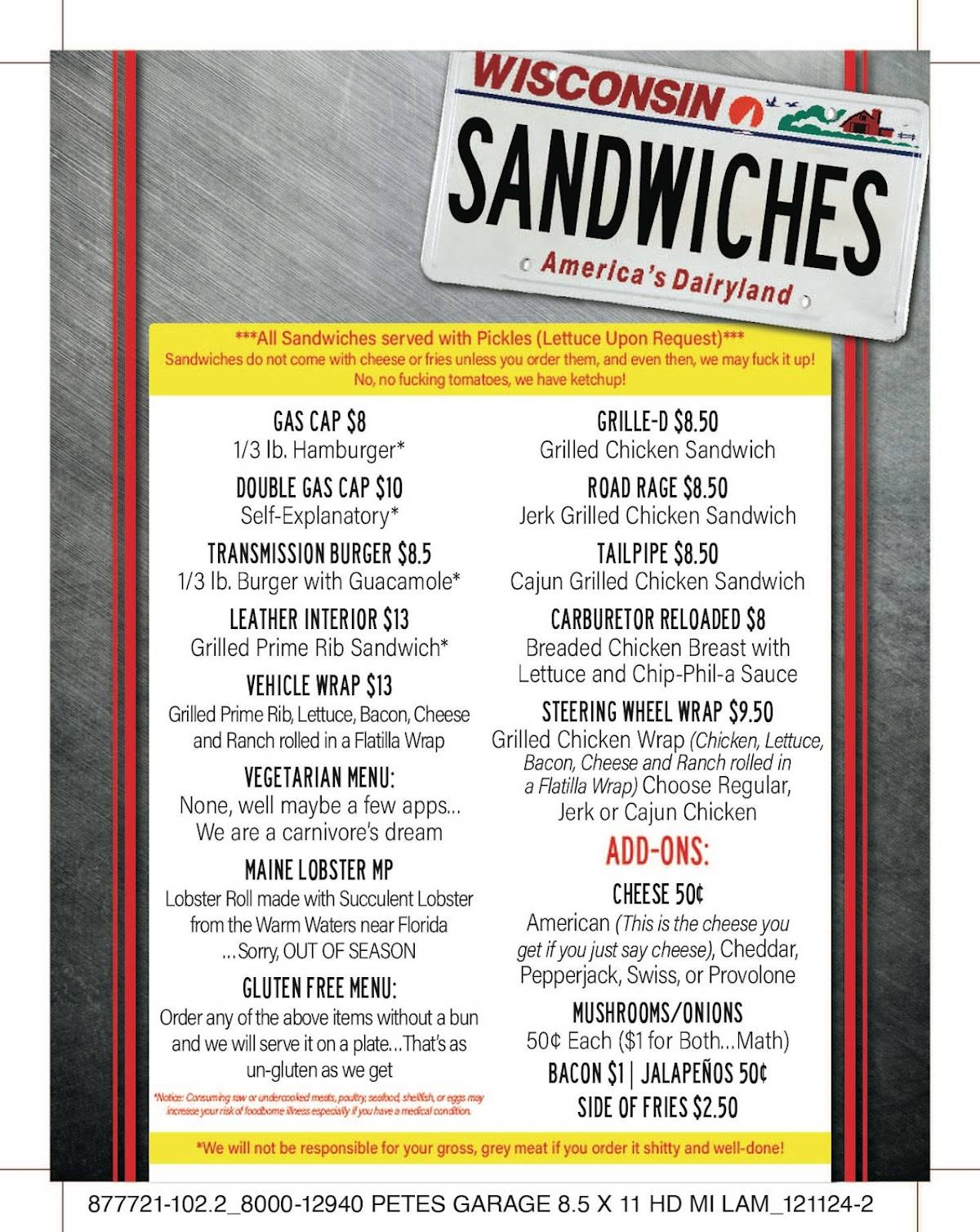 Menu at Pete's Garage Bar, Oshkosh