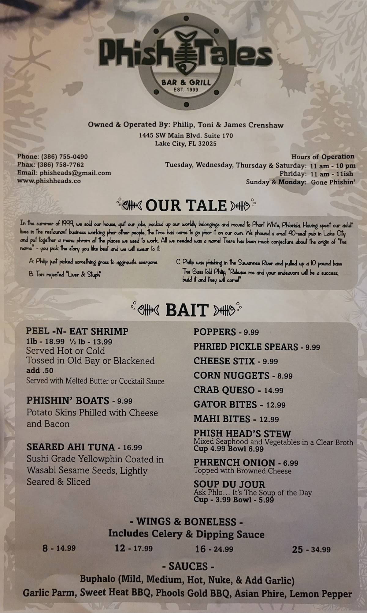 Menu at Phish Tales pub & bar, Lake City, SW Main Blvd #170