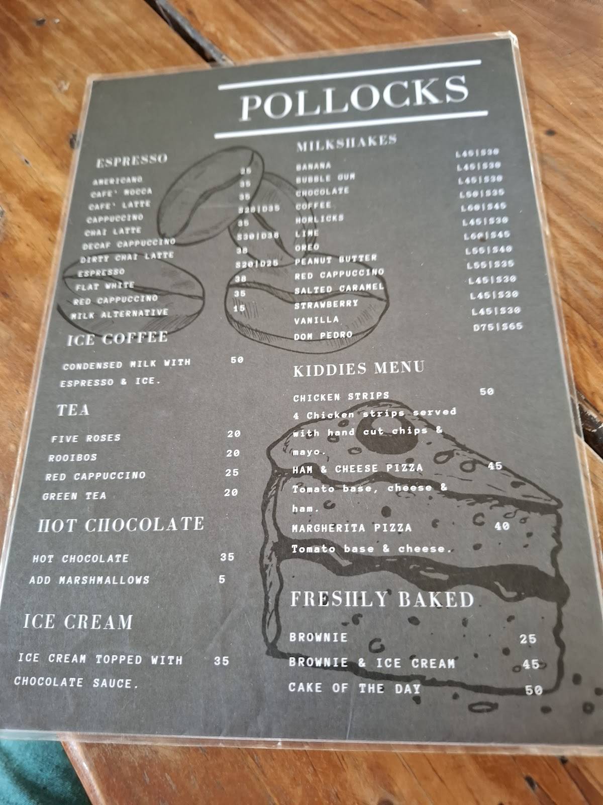 Menu at Pollocks @ Wilderness pub & bar, Wilderness