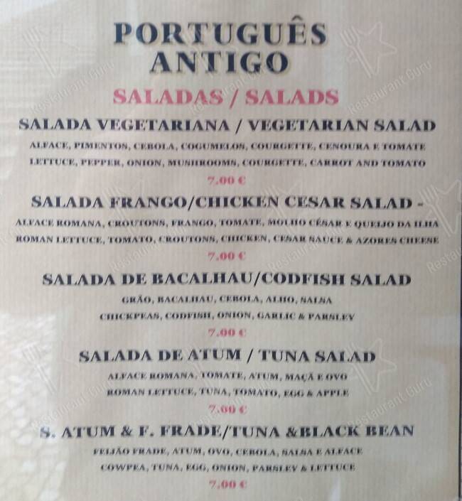 Menu at Português Antigo Café, Lisbon