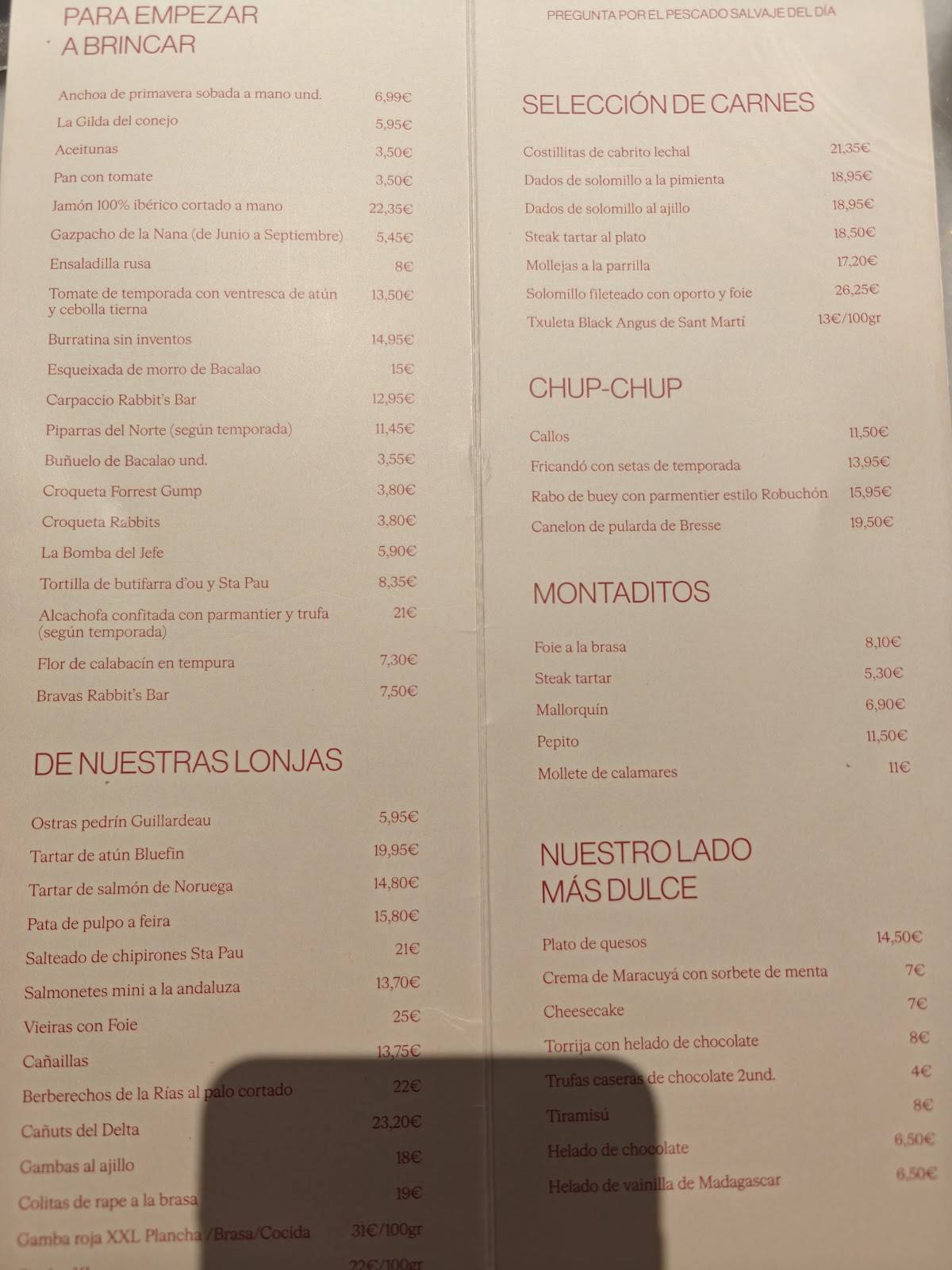 Carta de Rabbit's Bar, Barcelona