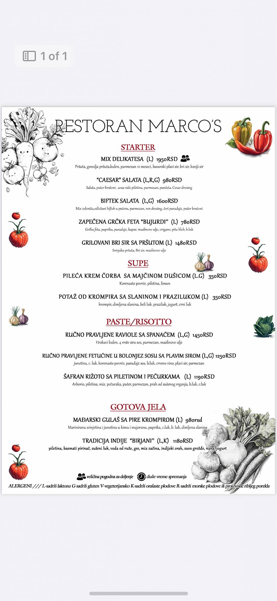 Menu at Restoran Marco's pub & bar, Požarevac