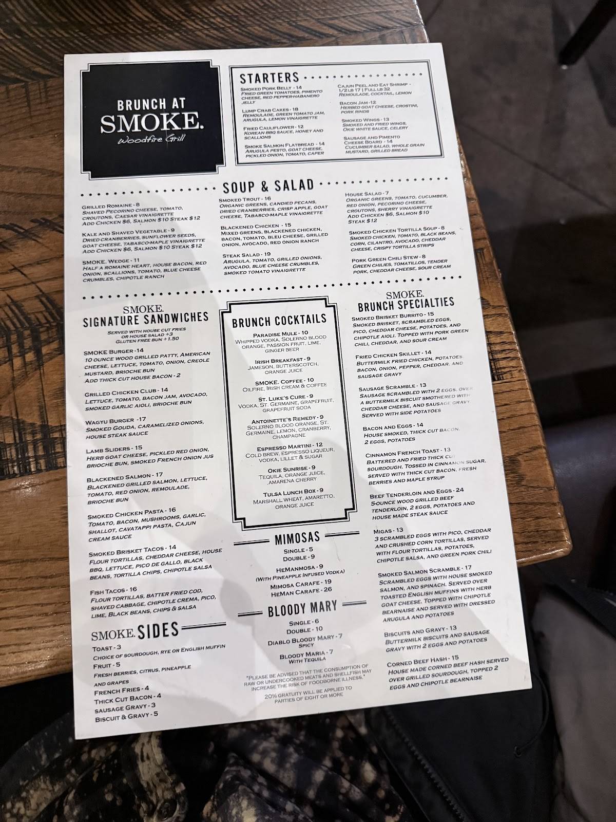 Menu at SMOKE. Woodfire Grill pub & bar, Tulsa