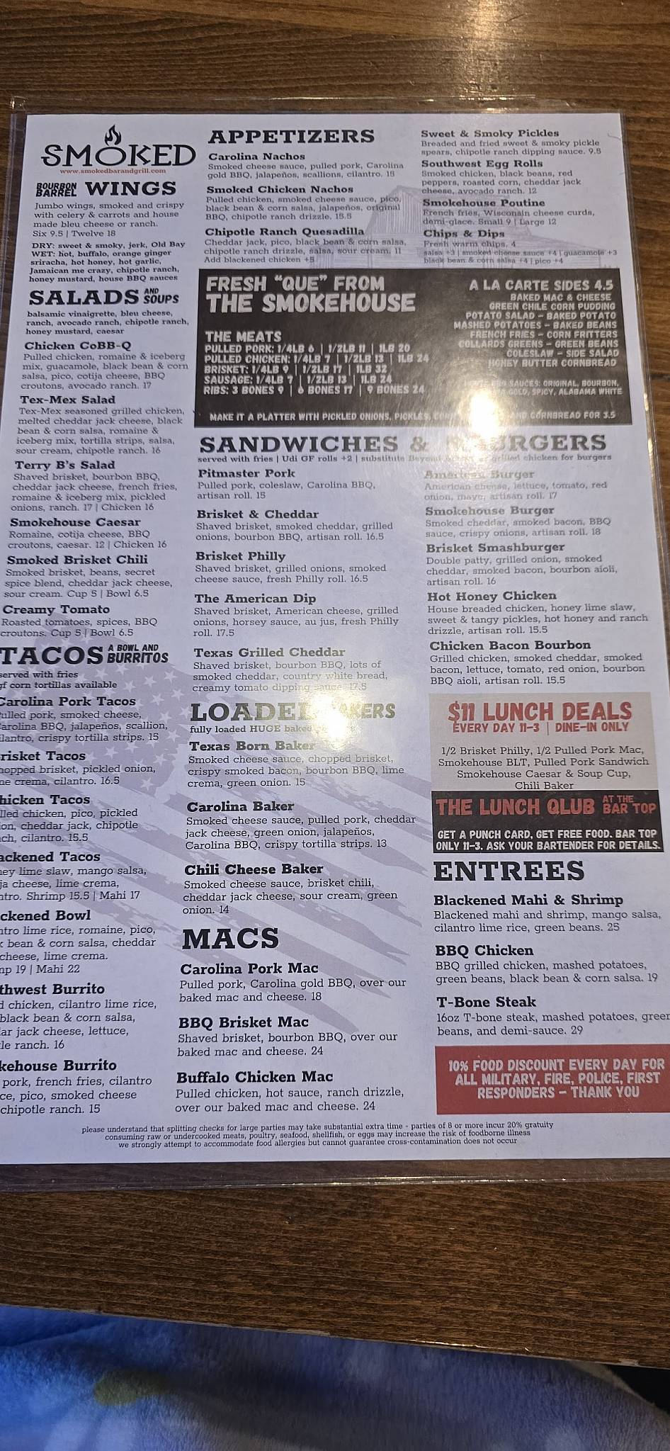 Menu at Smoked Bar & Grill, Hummelstown