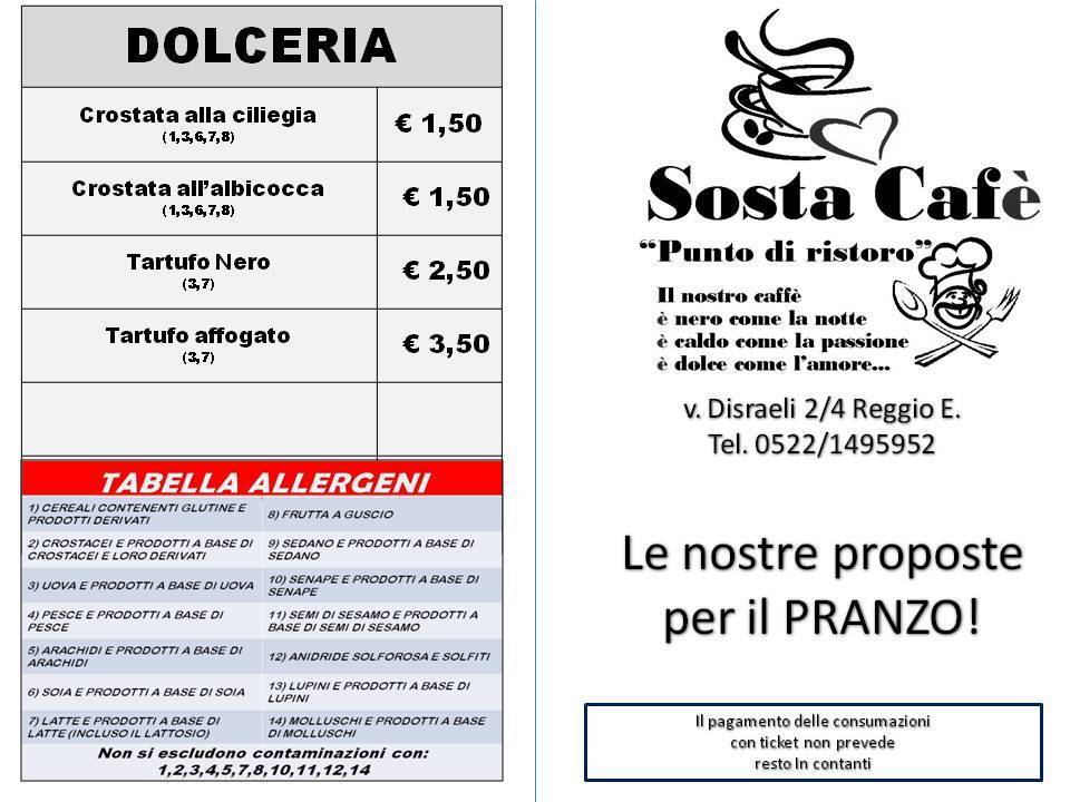 Menu da Sosta Cafè pub & bar, Reggio Emilia, Via B. Disraeli 2/4