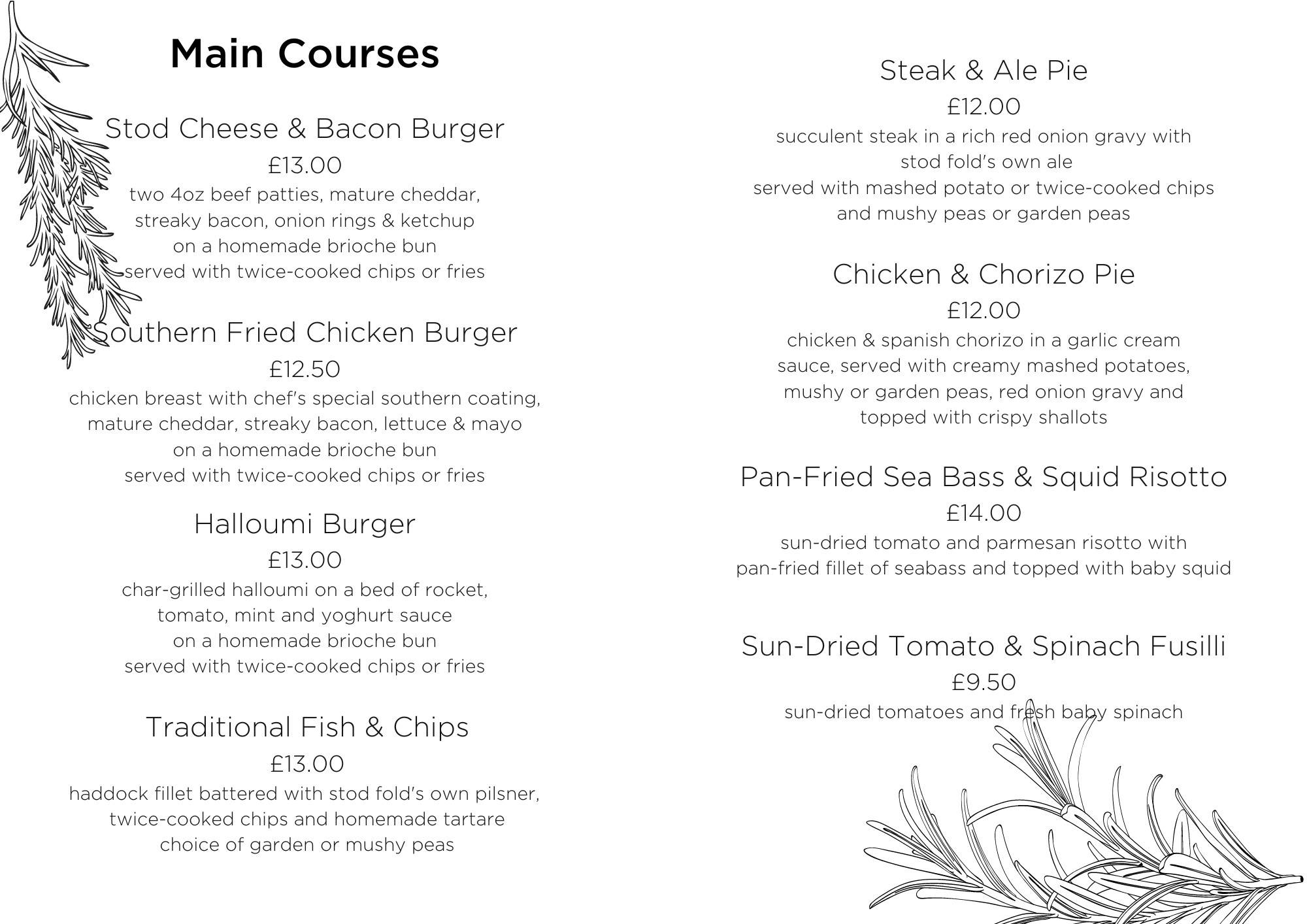Carta del pub y bar Stod Fold, Halifax