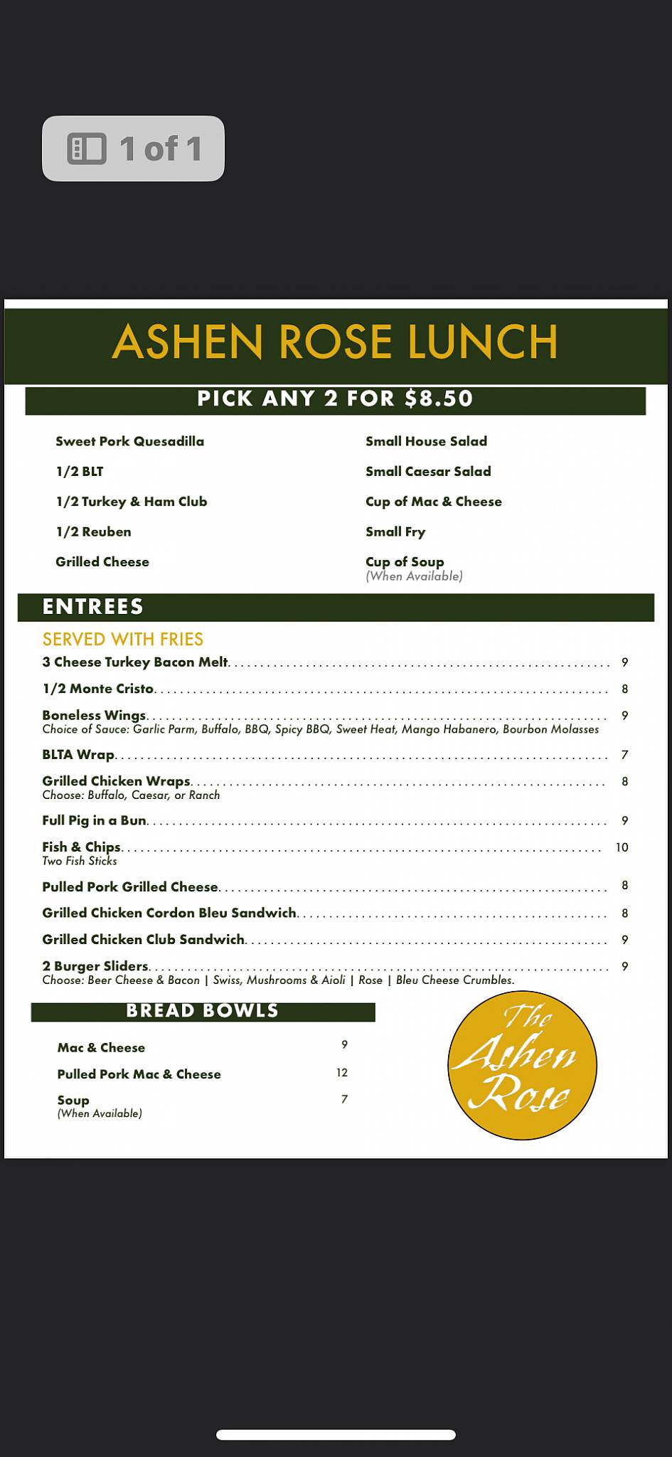 Menu at The Ashen Rose pub & bar, Greenville