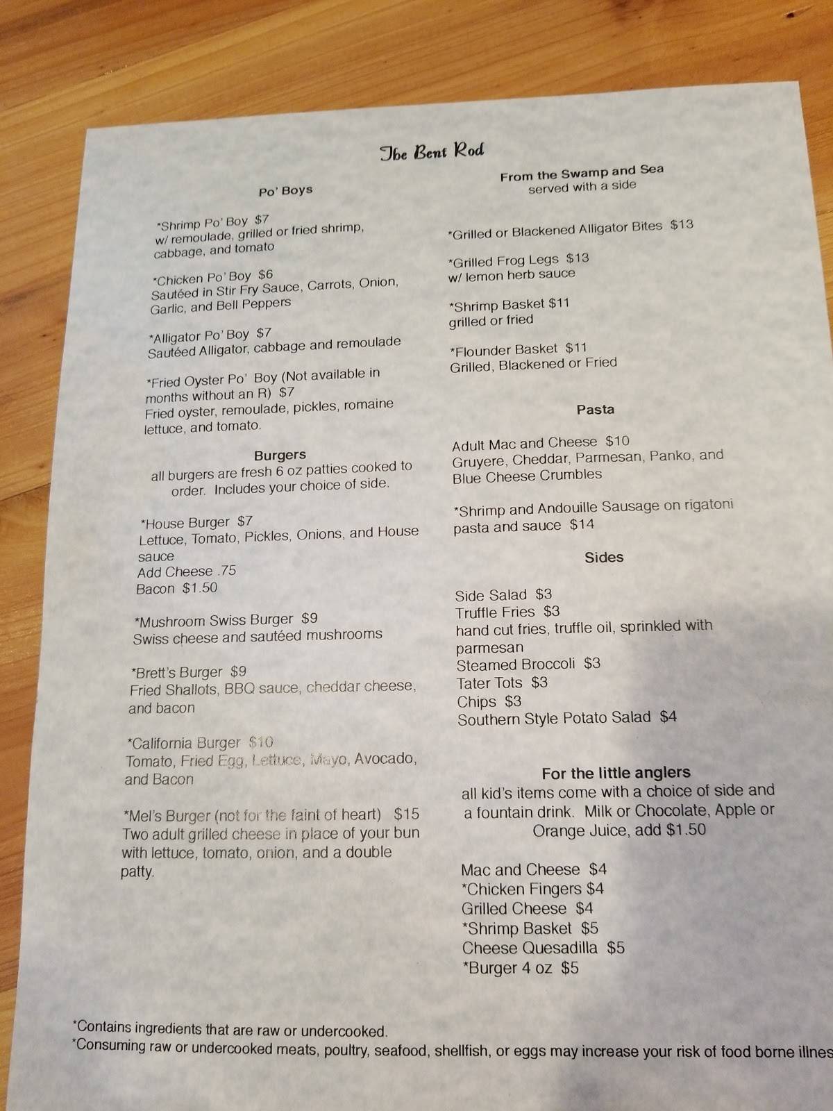 Menu at The Bent Rod pub & bar, McClellanville