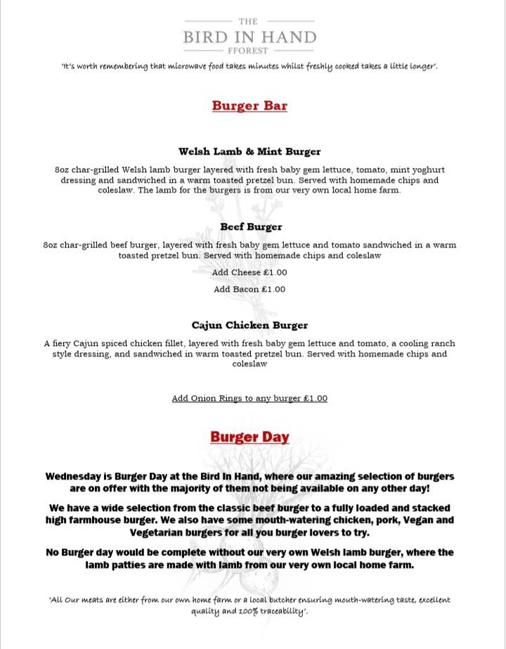 Menu at The Bird In Hand pub & bar, Fforest, 24 Carmarthen Rd