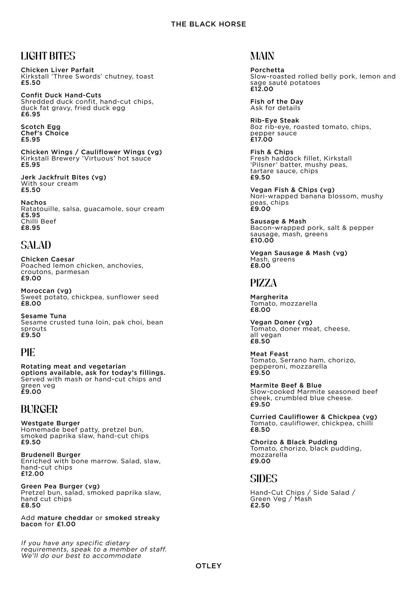 Menu at The Black Horse Hotel pub & bar, Otley