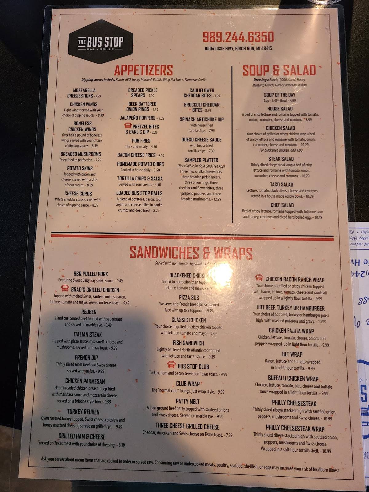 Menu at The Bus Stop Bar & Grille, Birch Run
