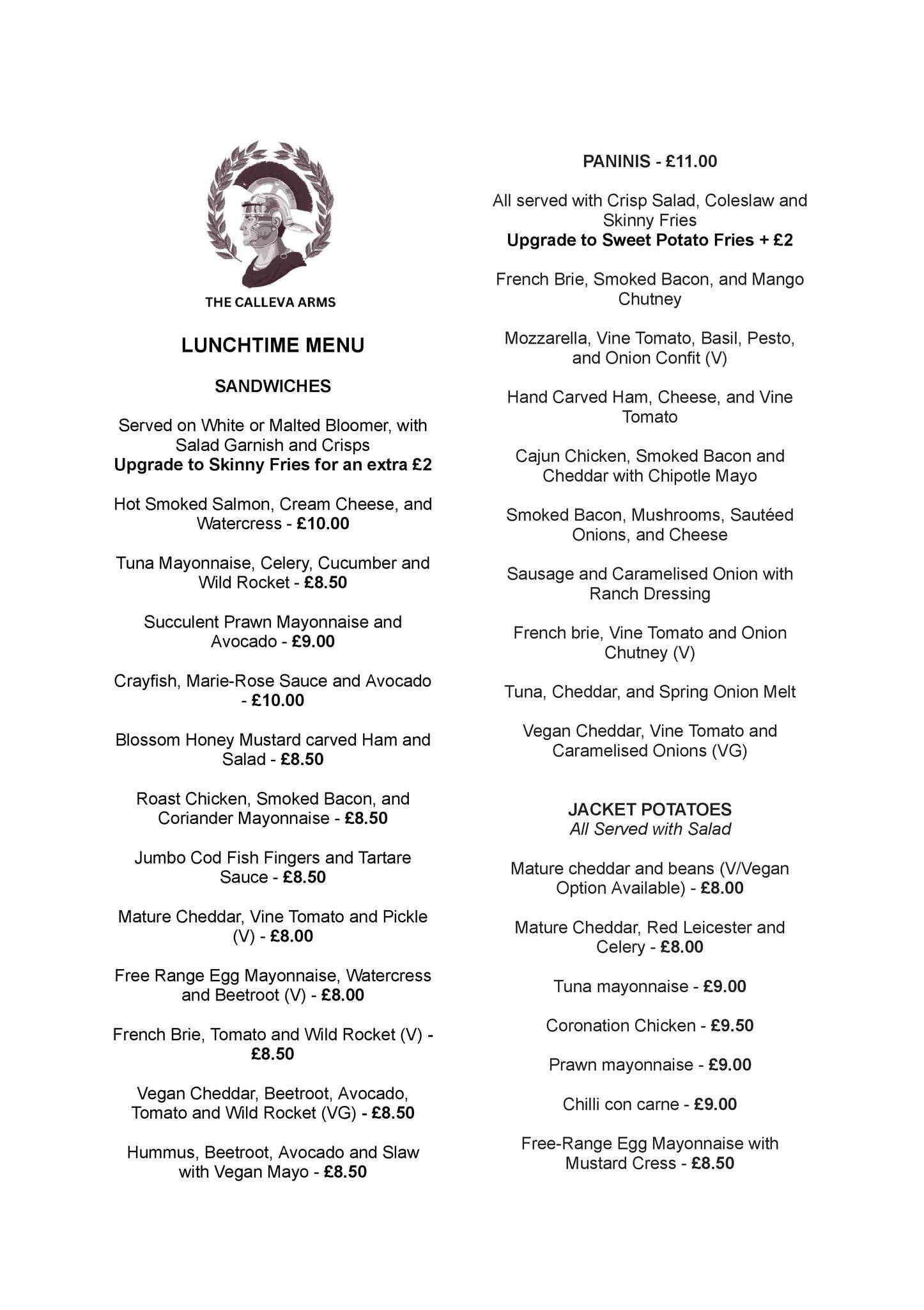Menu at The Calleva Arms pub & bar, Tadley