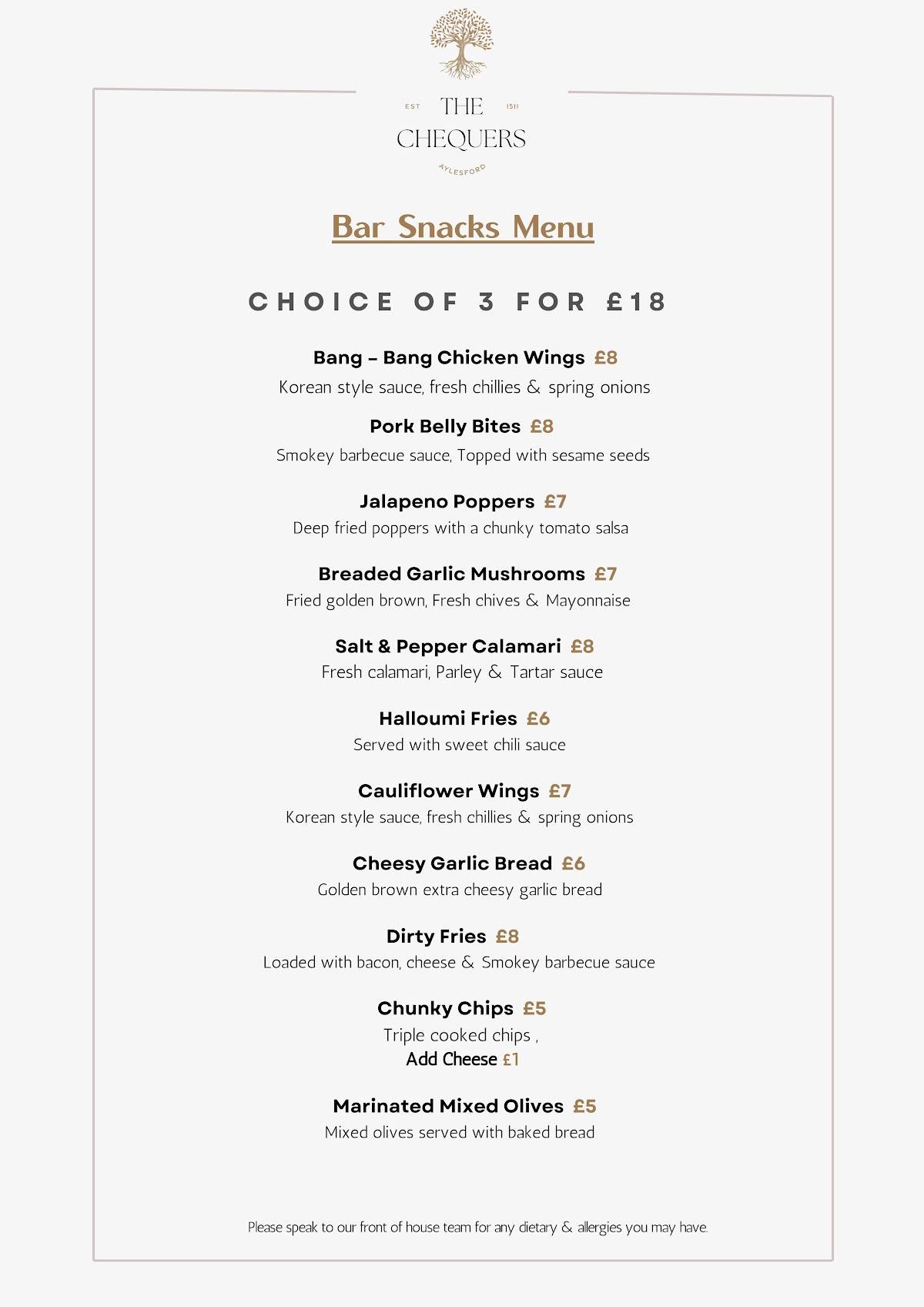 Menu at The Chequers Inn, Aylesford pub & bar, Aylesford