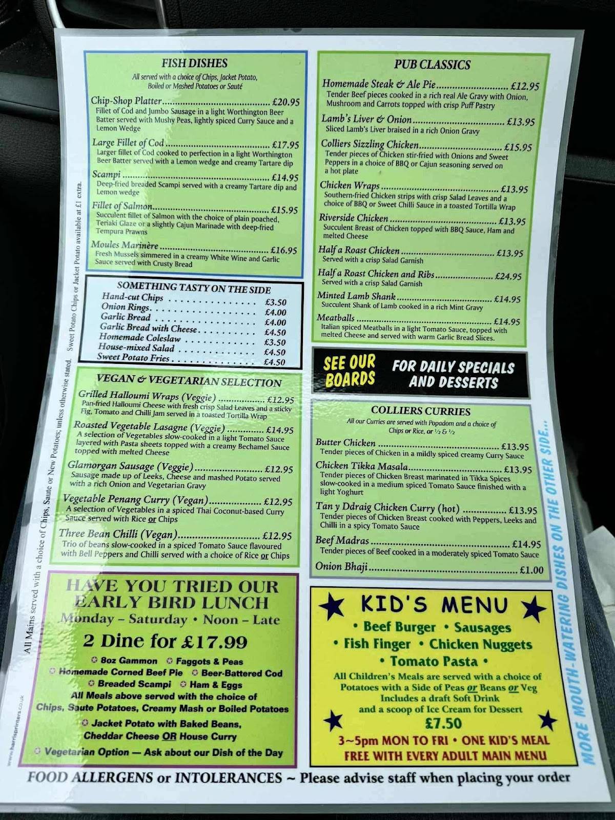 Menu at The Colliers Arms pub & bar, Port Talbot