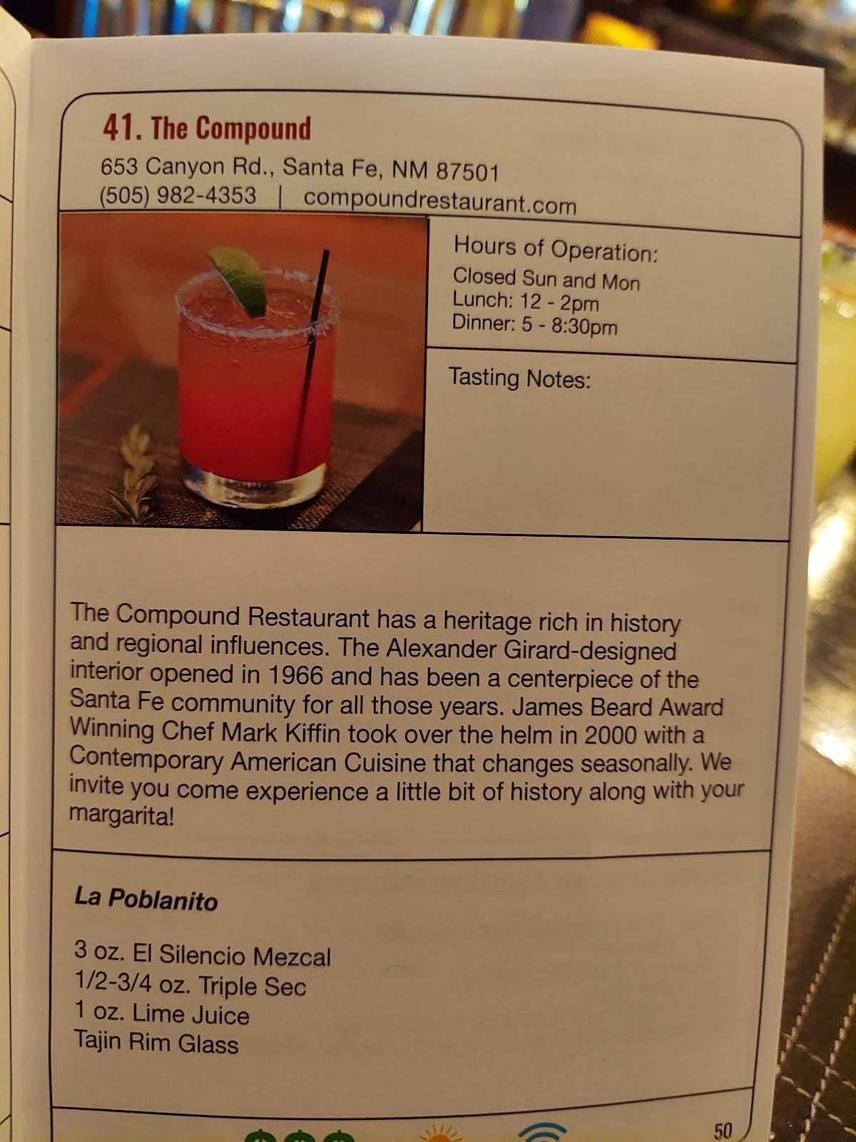 Menu at The Compound Restaurant, Santa Fe
