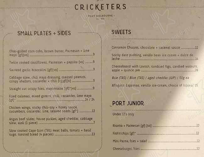 Menu at The Cricketers Neighbourhood Eatery pub & bar, Port Melbourne
