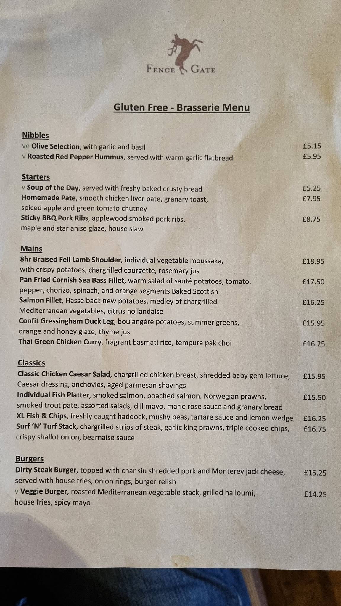 Menu at The Fence Gate pub & bar, Burnley