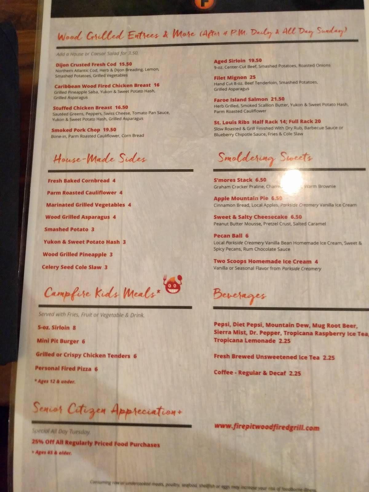 Menu at The Firepit Wood Fired Grill pub & bar, Irwin