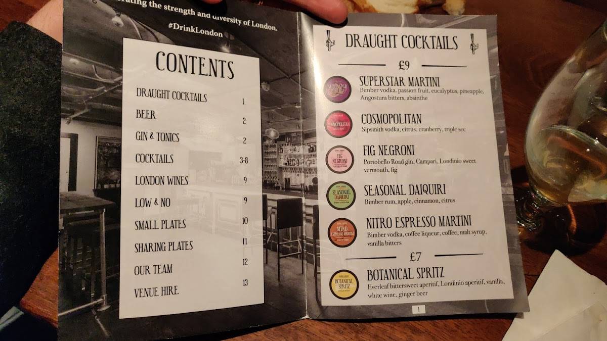 Menu at The Hide Bar, London