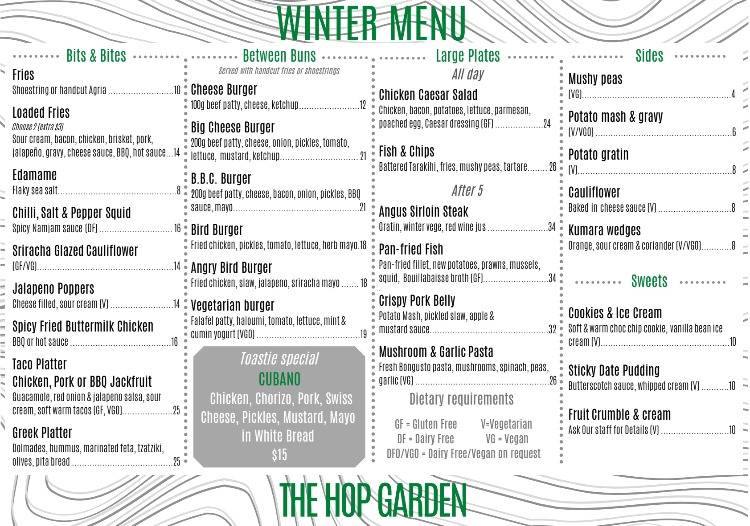 Carta del pub y bar The Hop Garden, Wellington