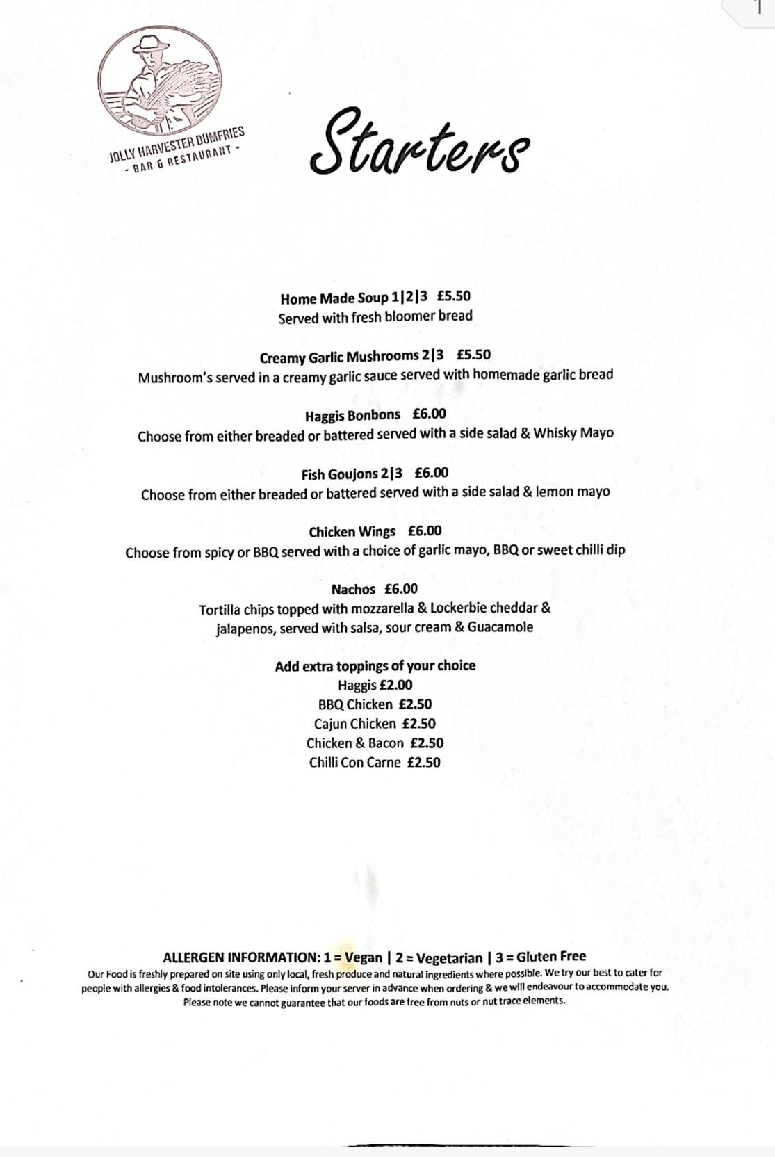 Menu at The Jolly Harvester Bar & Restaurant, Dumfries