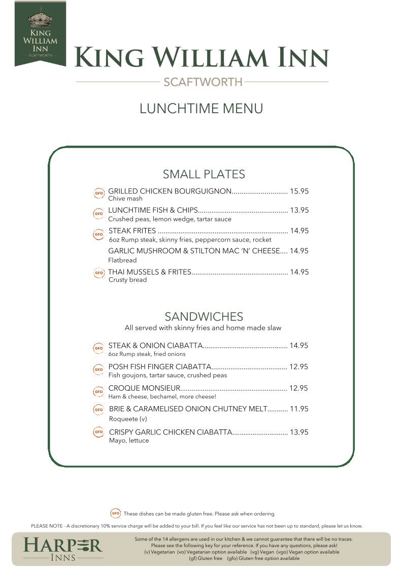 Menu at The King William Inn pub & bar, Doncaster, Main Street