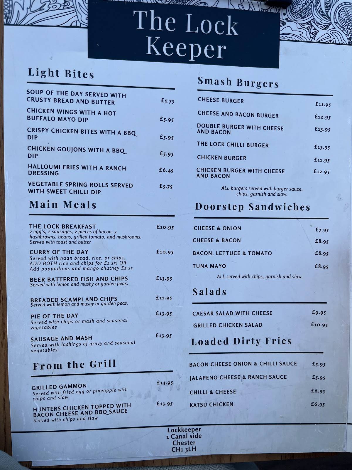 Menu at The Lock Keeper pub & bar, Chester, 1 Canal Side