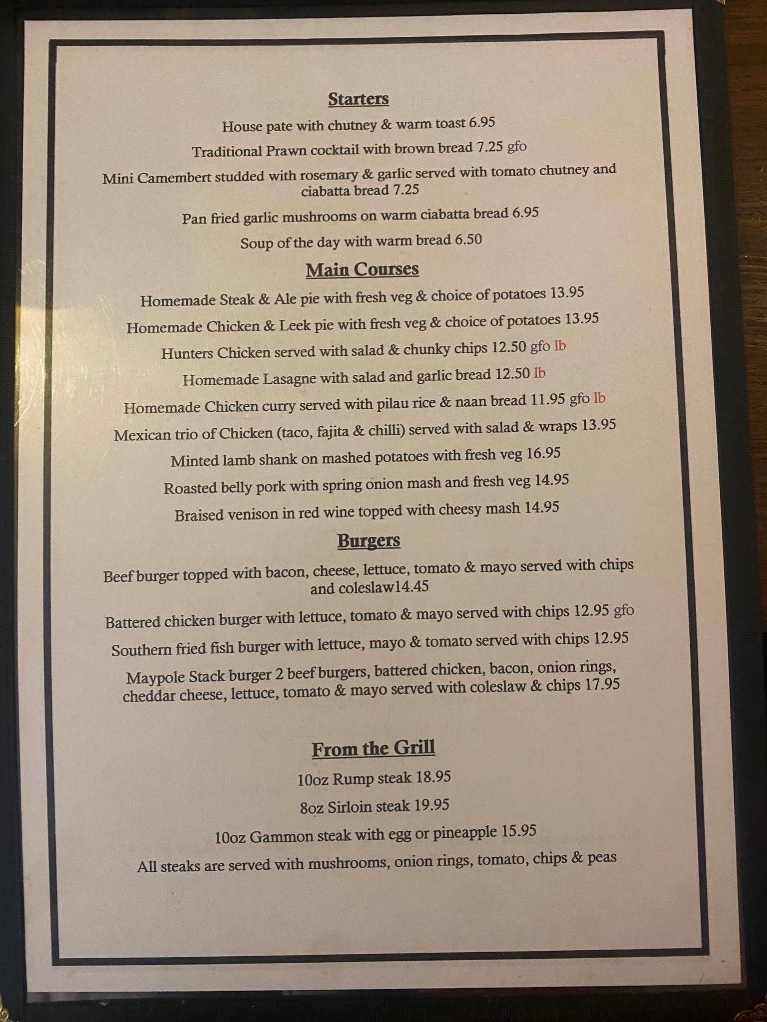 Menu at The Maypole Inn pub & bar, Taunton, Thurloxton