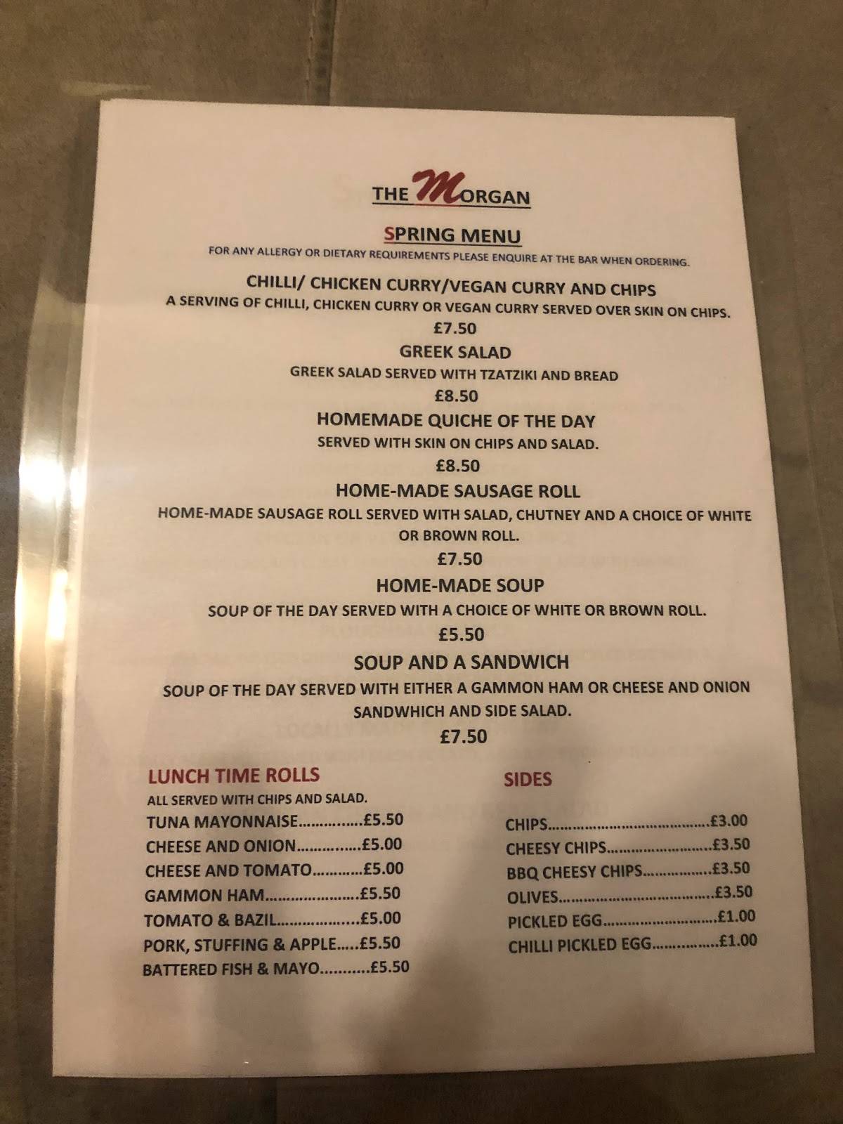 Menu at The Morgan Public House, Malvern, 52 Clarence Rd