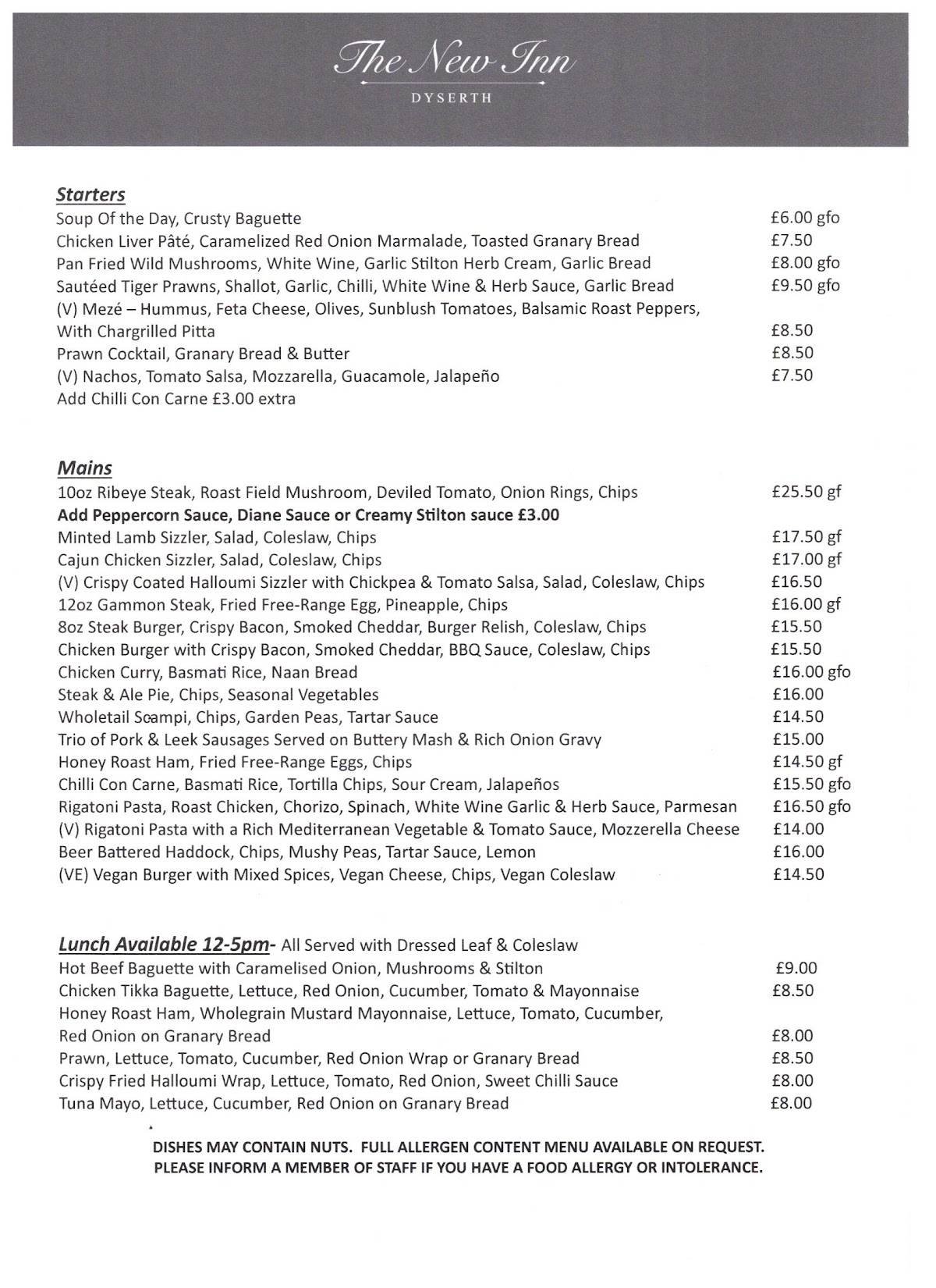 Menu at The New Inn pub & bar, Dyserth