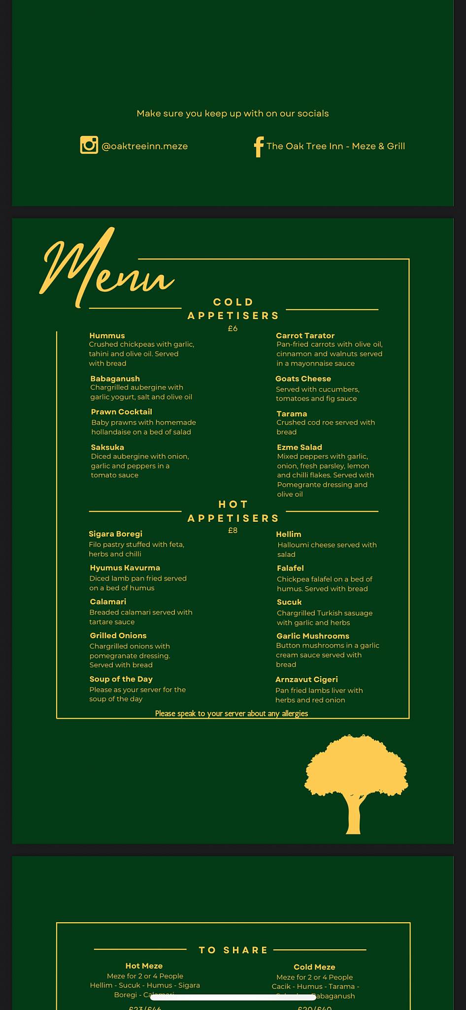 Menu at The Oak Tree Inn - Meze & Grill pub & bar, Middleton Saint ...