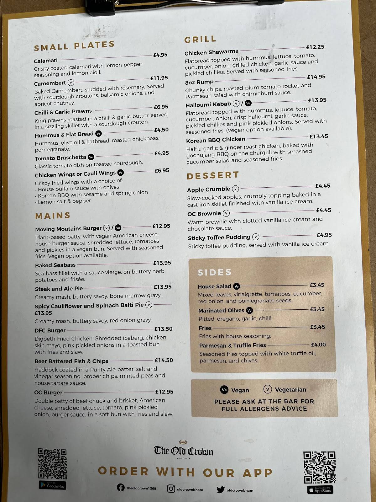Menu at The Old Crown pub & bar, Coventry, 466 Aldermans Green Rd