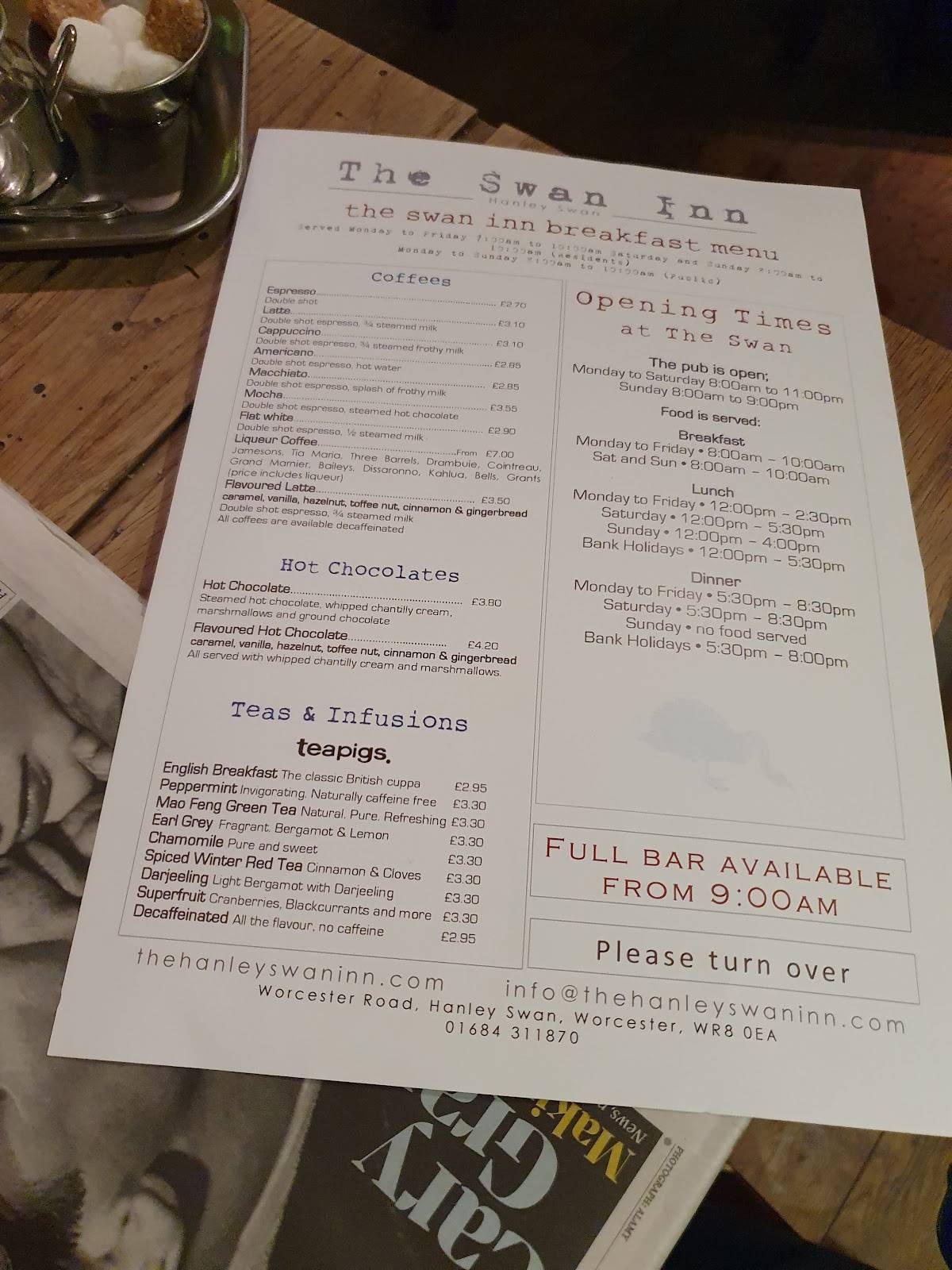 Menu at The Swan Inn pub & bar, Hanley Swan, Worcester Rd