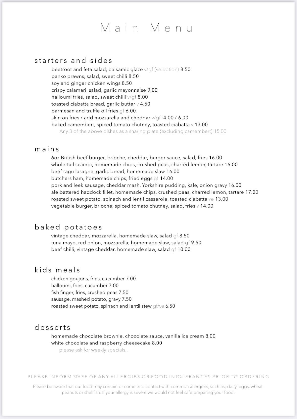 Menu at The Tavern Inn pub & bar, Kemble