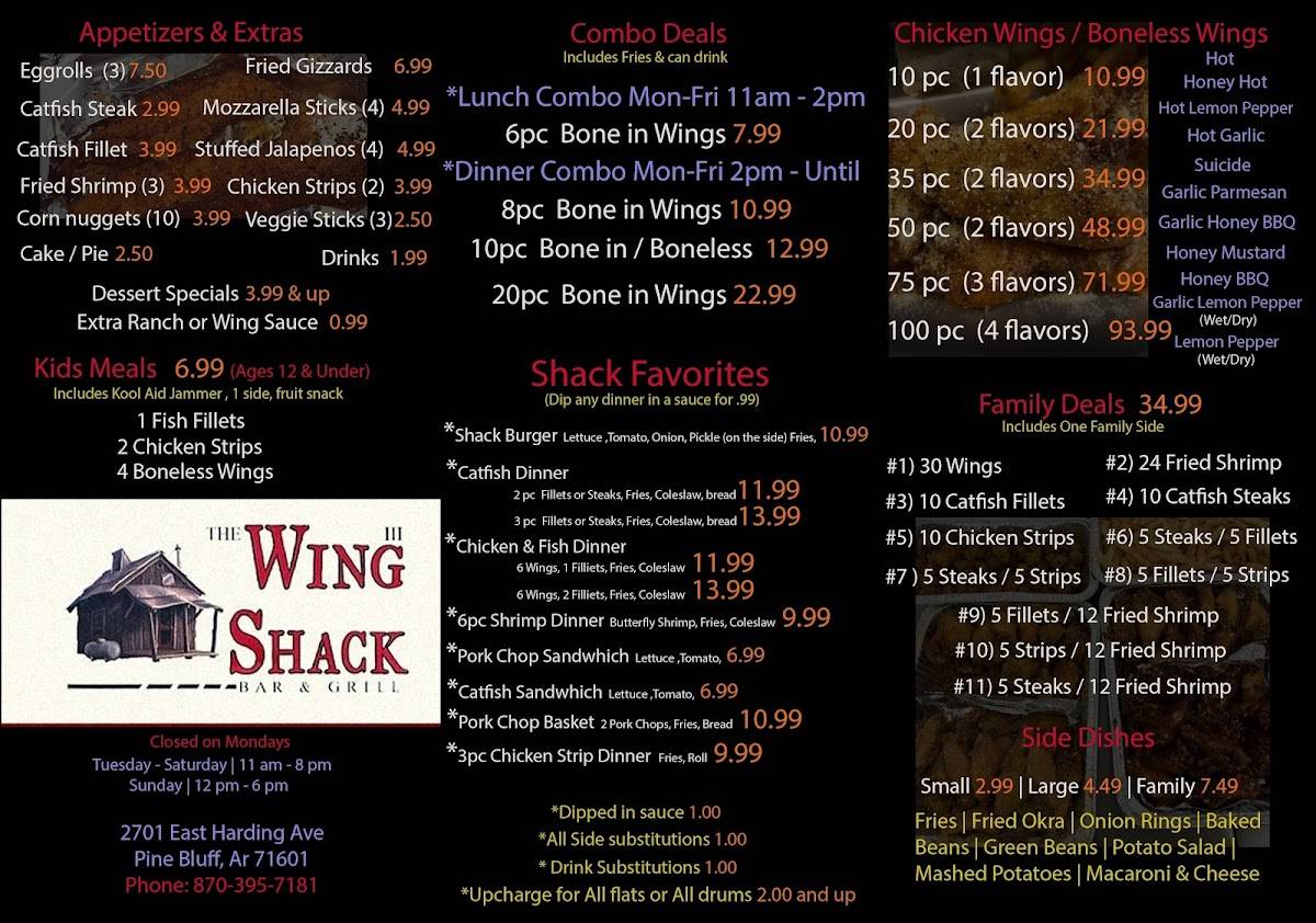 Menu at The Wing Shack III restaurant, Little Rock