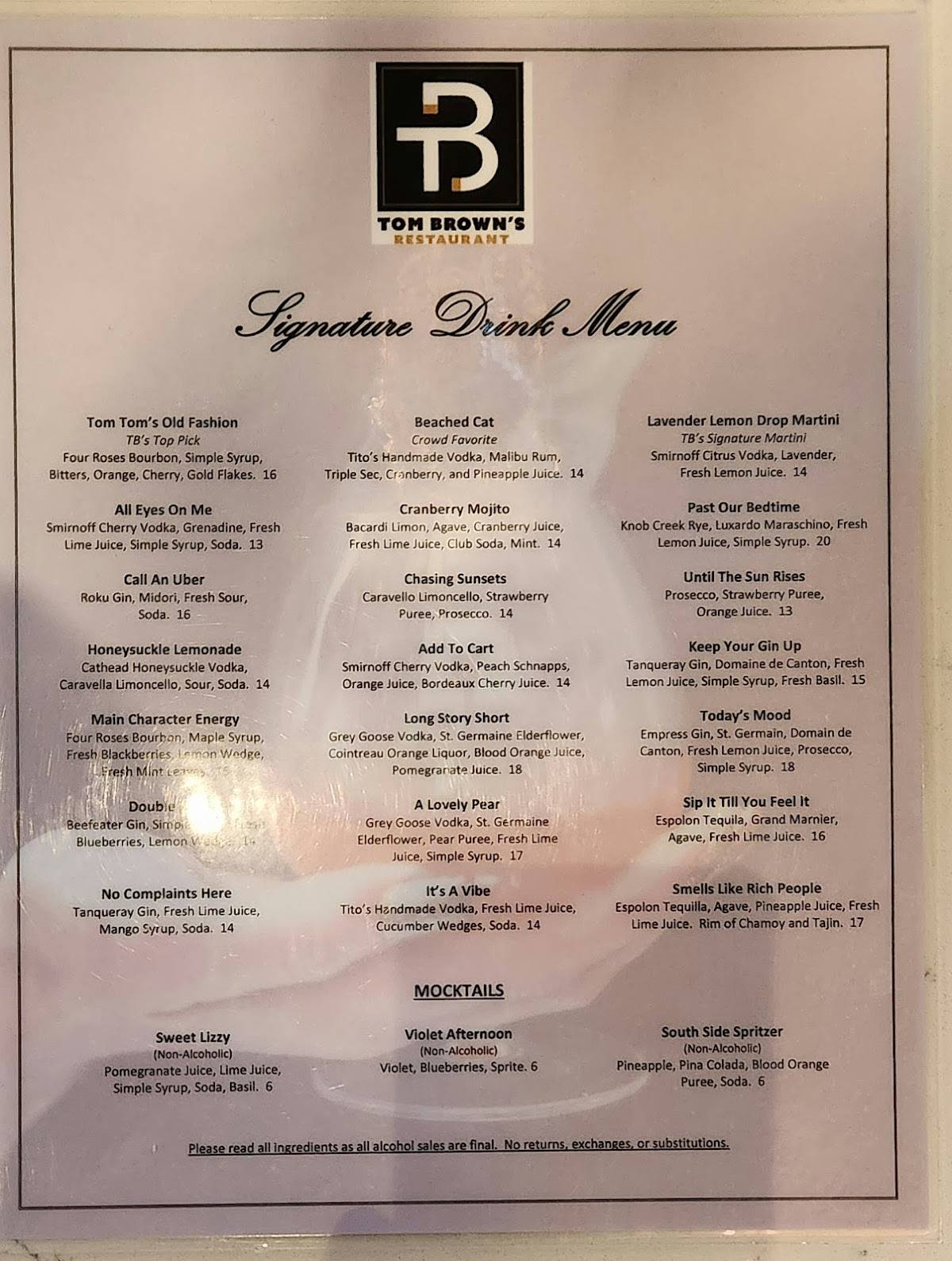 Menu at Tom Brown's Restaurant, Madison