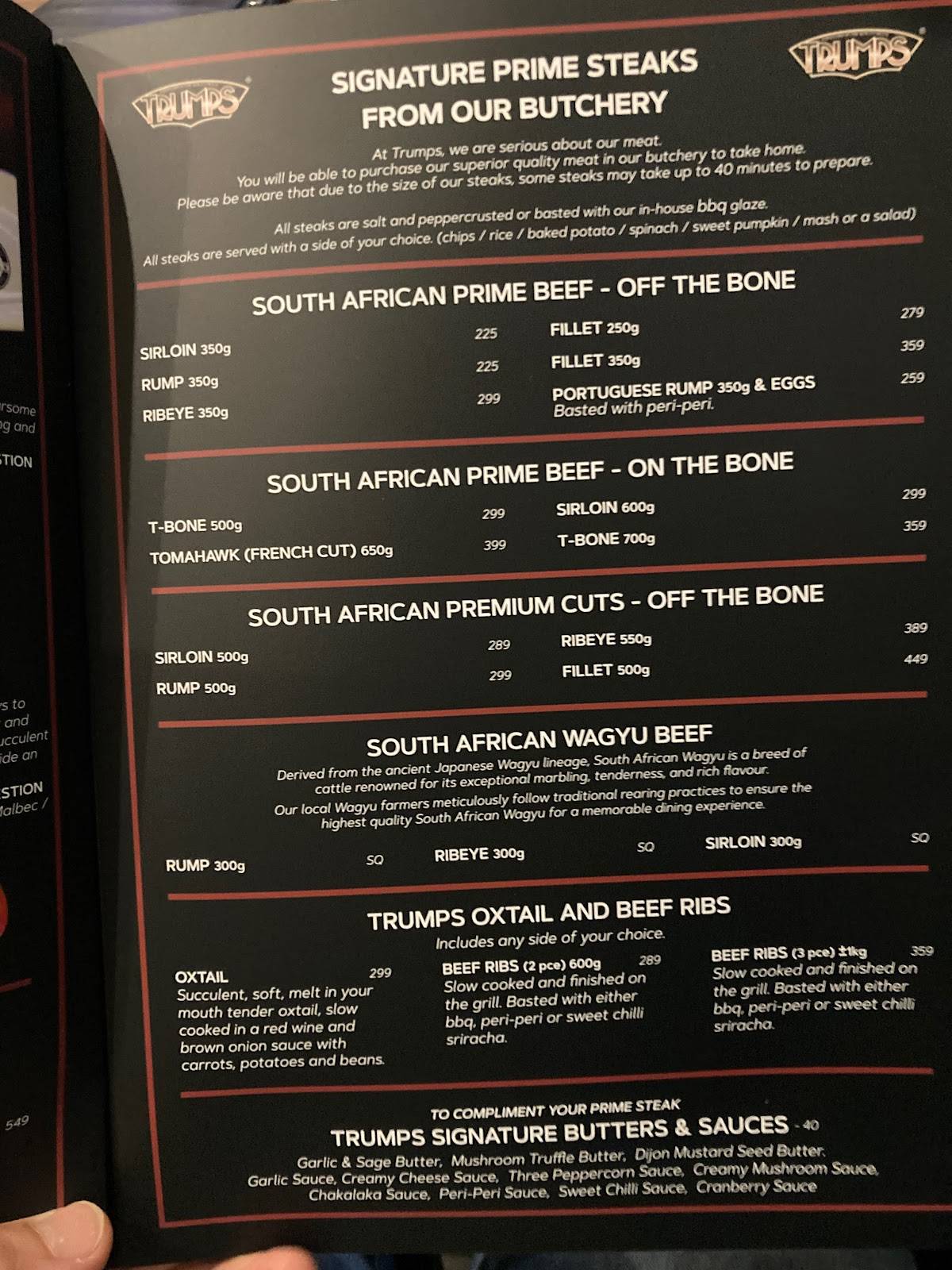 Menu at Trumps Grillhouse and Butchery pub & bar, Sandton