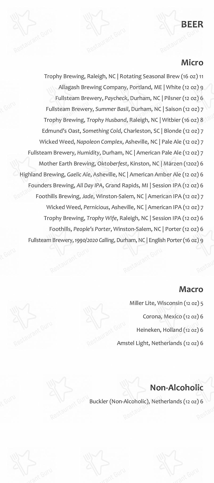 Menu at The Umstead Hotel and Spa pub & bar, Cary