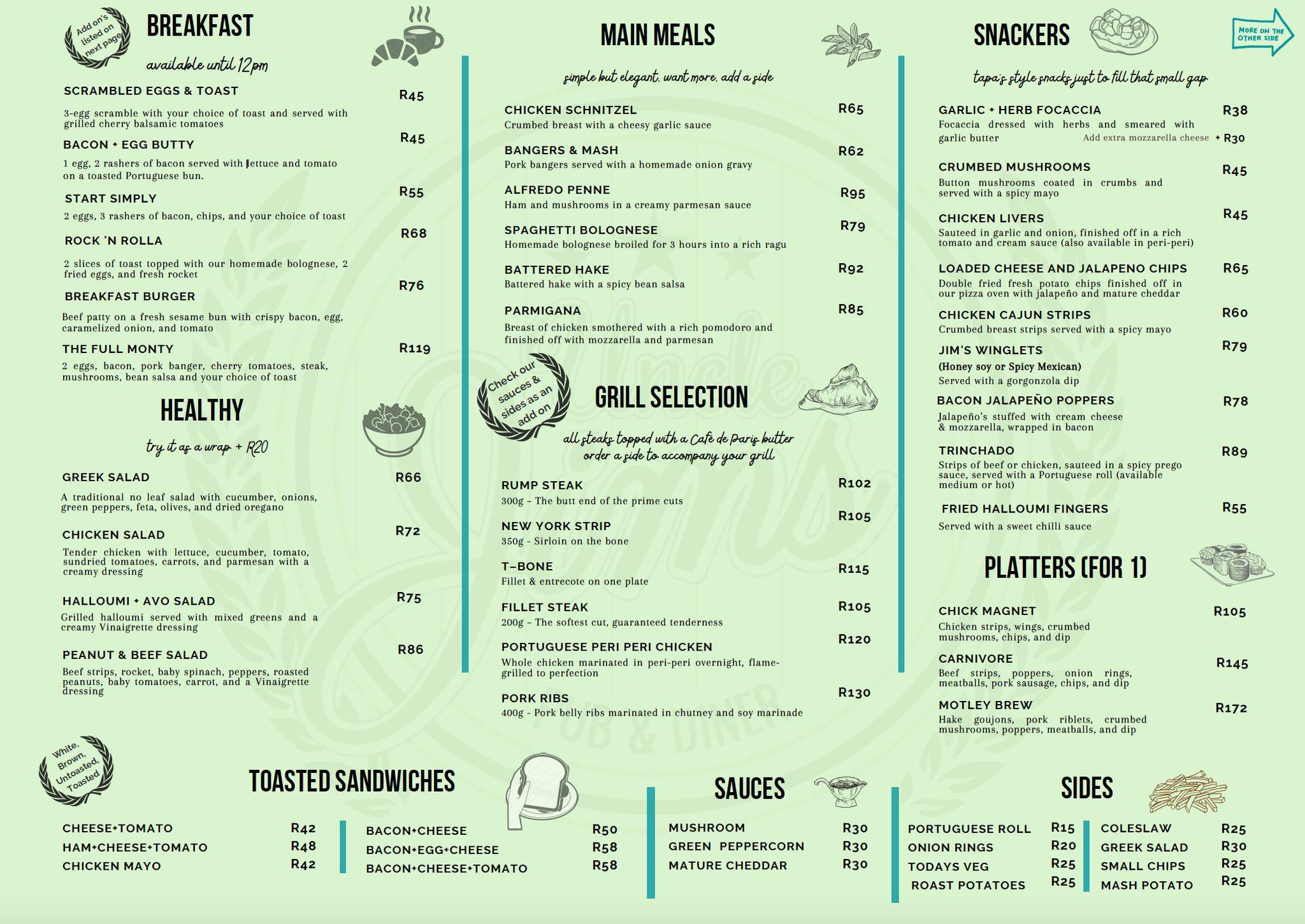 Menu at Uncle Jim's Pub & Grill, Roodepoort