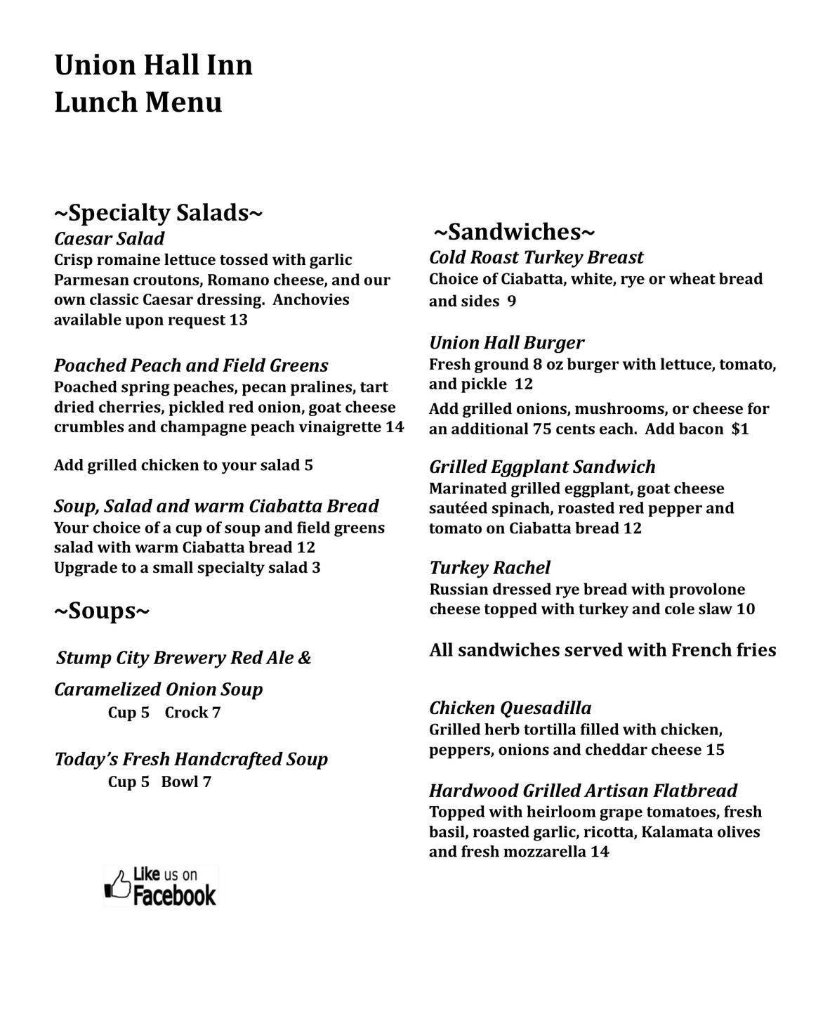 Menu at Union Hall Inn Restaurant & Catering, Johnstown