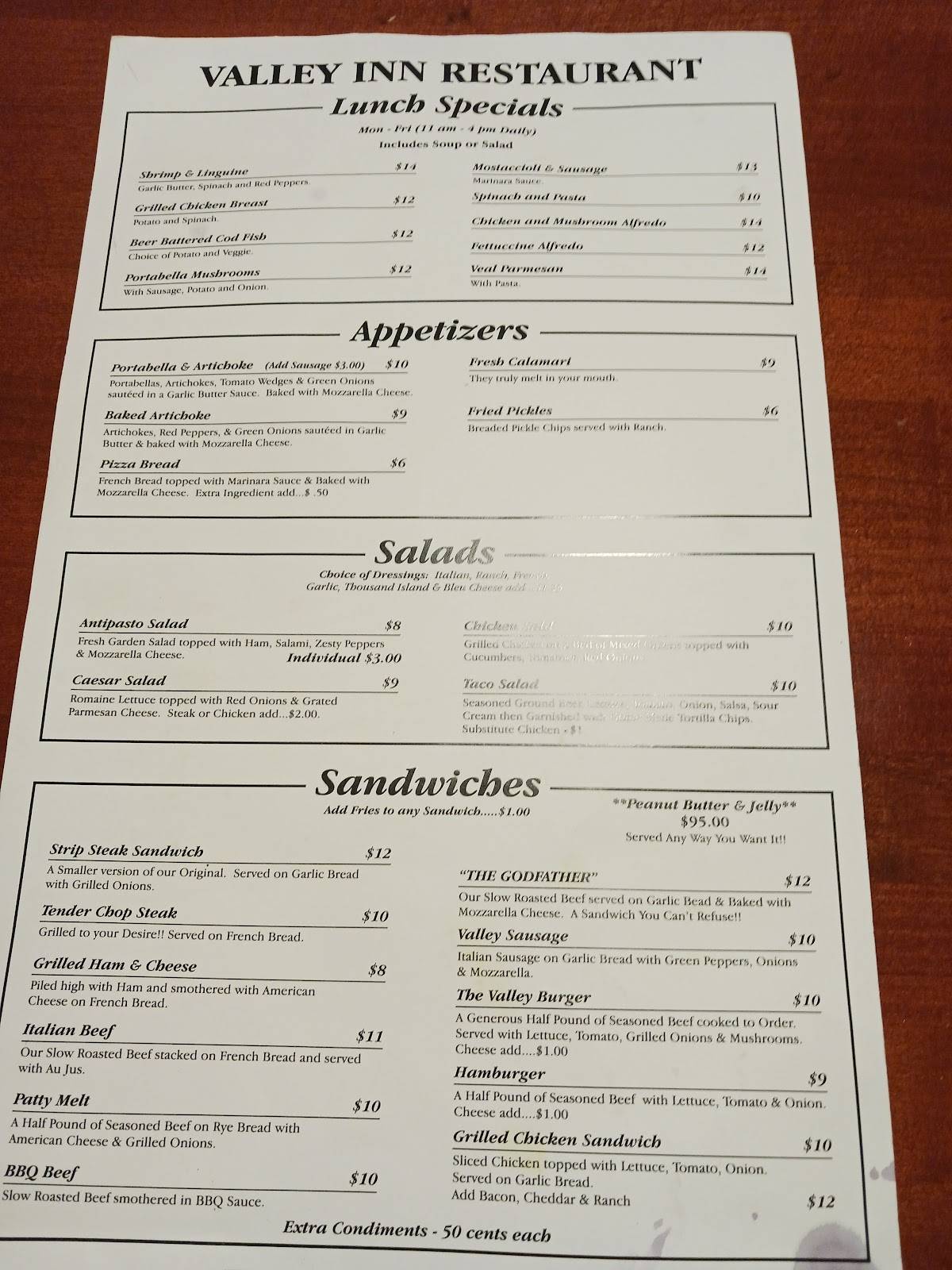 Menu at Valley Inn Restaurant, Palos Hills, W 107th St