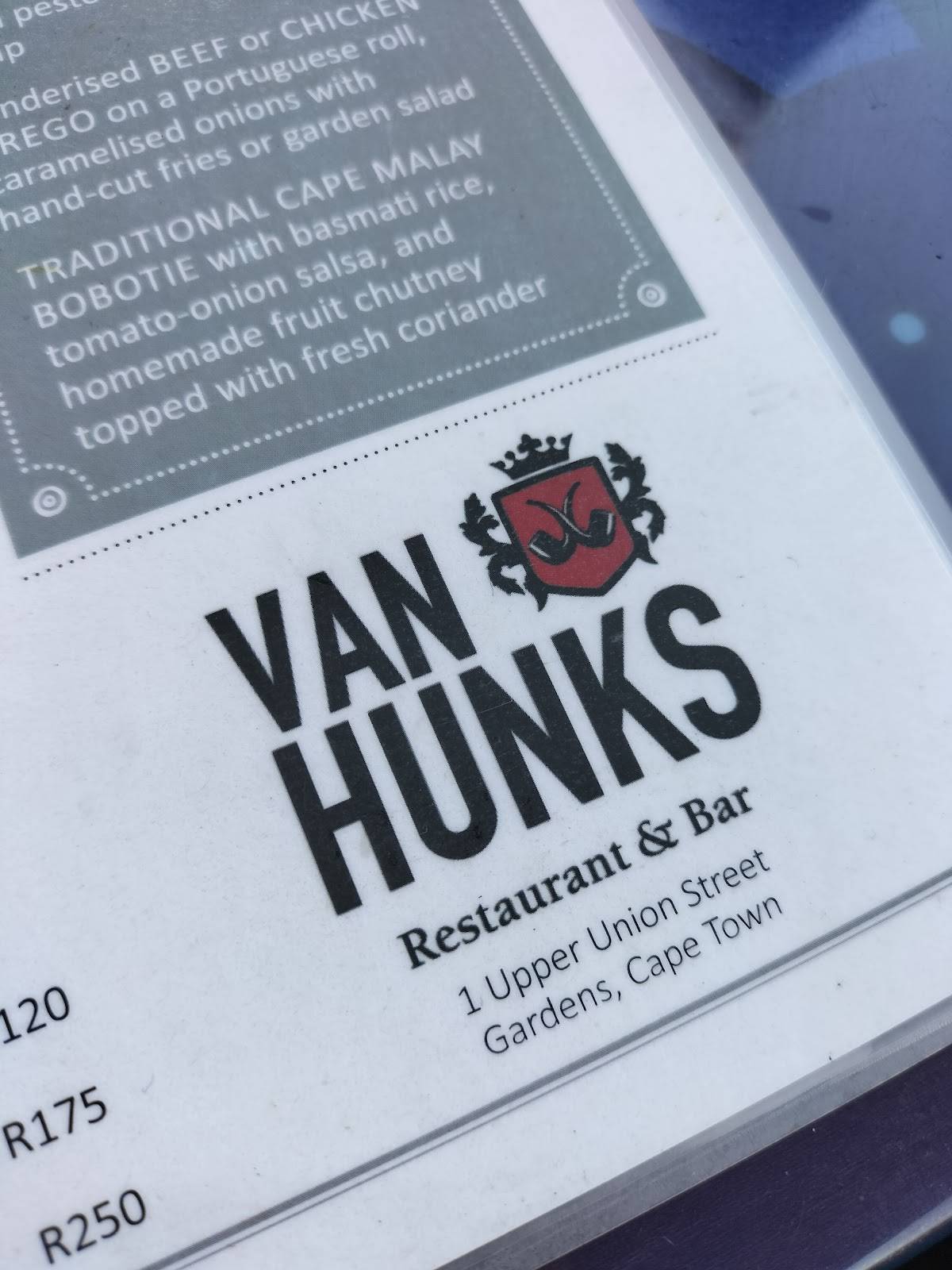 Menu at Van Hunks pub & bar, Cape Town